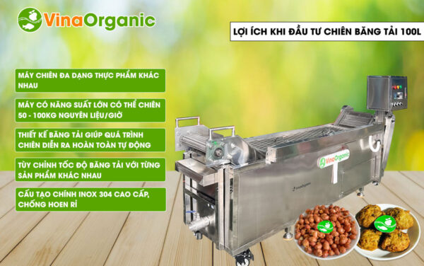 MCBT100 - Máy chiên băng tải 100L, chiên chả lươn, đậu phộng